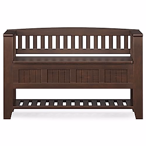 SIMPLIHOME Acadian Solid Wood 48 Inch Wide Transitional Entryway Storage Bench with Shelf in Brunette Brown, for The Living Room, Entryway and Family Room