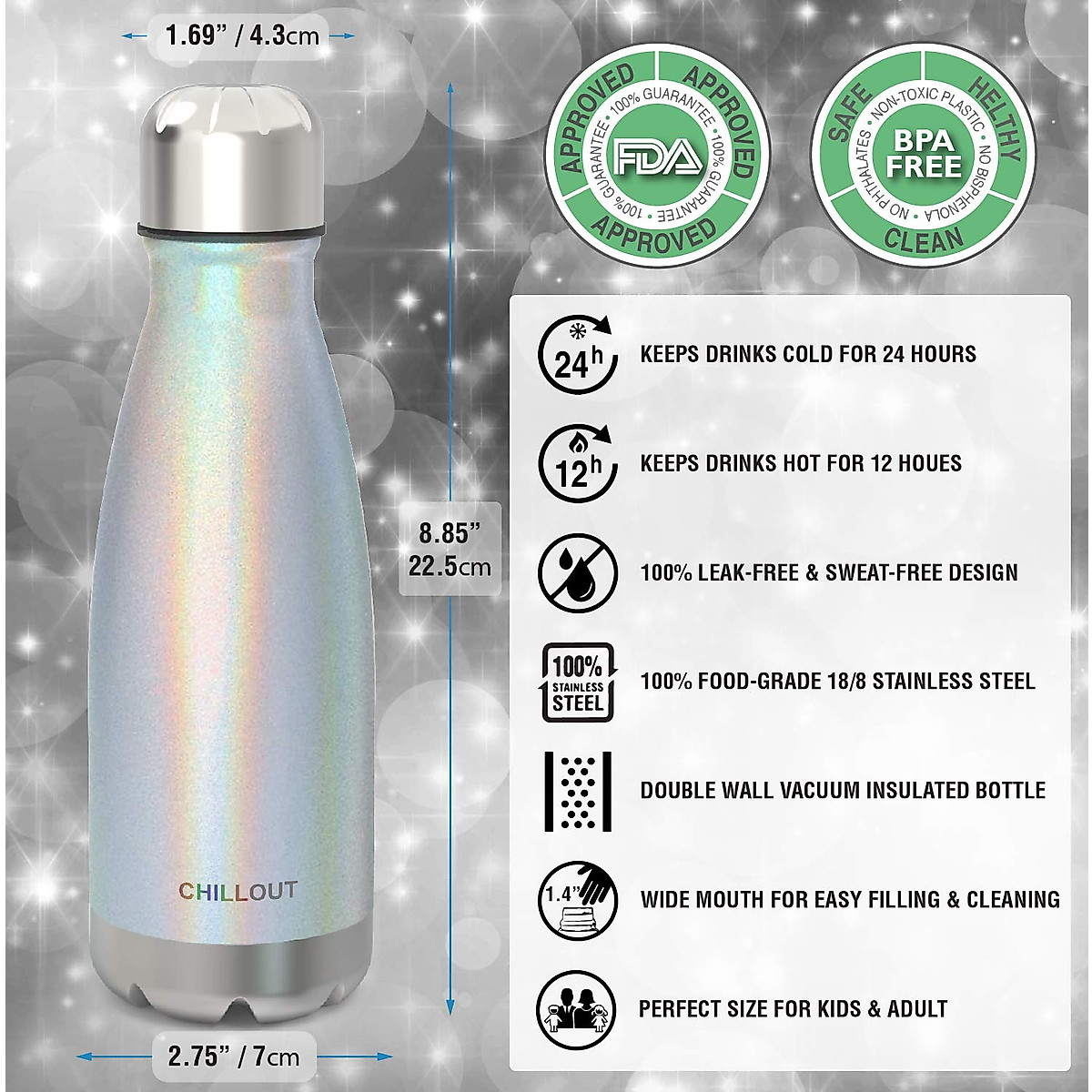 CHILLOUT LIFE Stainless Steel Water Bottle for Kids School: 12 oz Double Wall Insulated Cola Bottle Shape for Cold and Warm Drinks, BPA Free Metal Sports Bottle for Boys, Girls & Women