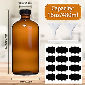 Galssmagic 16 oz Amber Glass Bottle,10 Pack Round Sample Dark Bottles for Oil,Kombucha(Black Caps,Labels and Funnels Included)