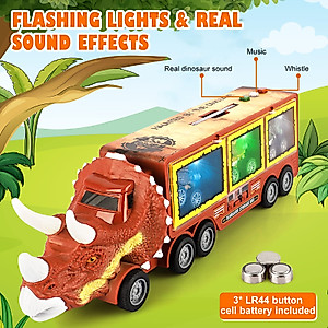 21 Pack Dinosaur Toys for Kids 3-7, Dinosaur Truck with Oversized Dinosaur Map, Flashing Lights, Music and Roaring Sound, Kids Toys with 6 Pull Back Dinosaur Cars, 6 Dinosaur Toys (Brown)