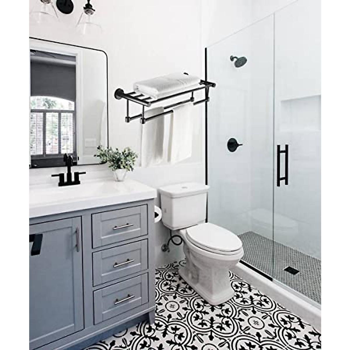 TocTen Bathroom Towel Rack, Towel Shelf for Bathroom with Double Towel Bar Wall Mounted, Premium SUS 304 Stainless Steel Hotel Bath Towel Holder, Anti-Rust Towel Rod with Shelf (24 in, Matte Black)