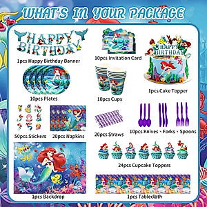 260 PCS Little Mermaid Birthday Party Supplies, Mermaid Birthday Party Decorations, Included Happy Birthday Banner, Cake & Cupcake Topper, Balloons, Invitation Cards,Backdrop, Tableware and Stickers