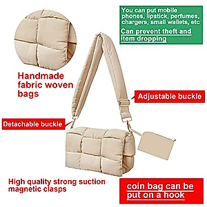 NAARIIAN puffer woven shoulder bag padded cassette handbag with coins organizer nylon light weight women crossbody purse(Khaki)