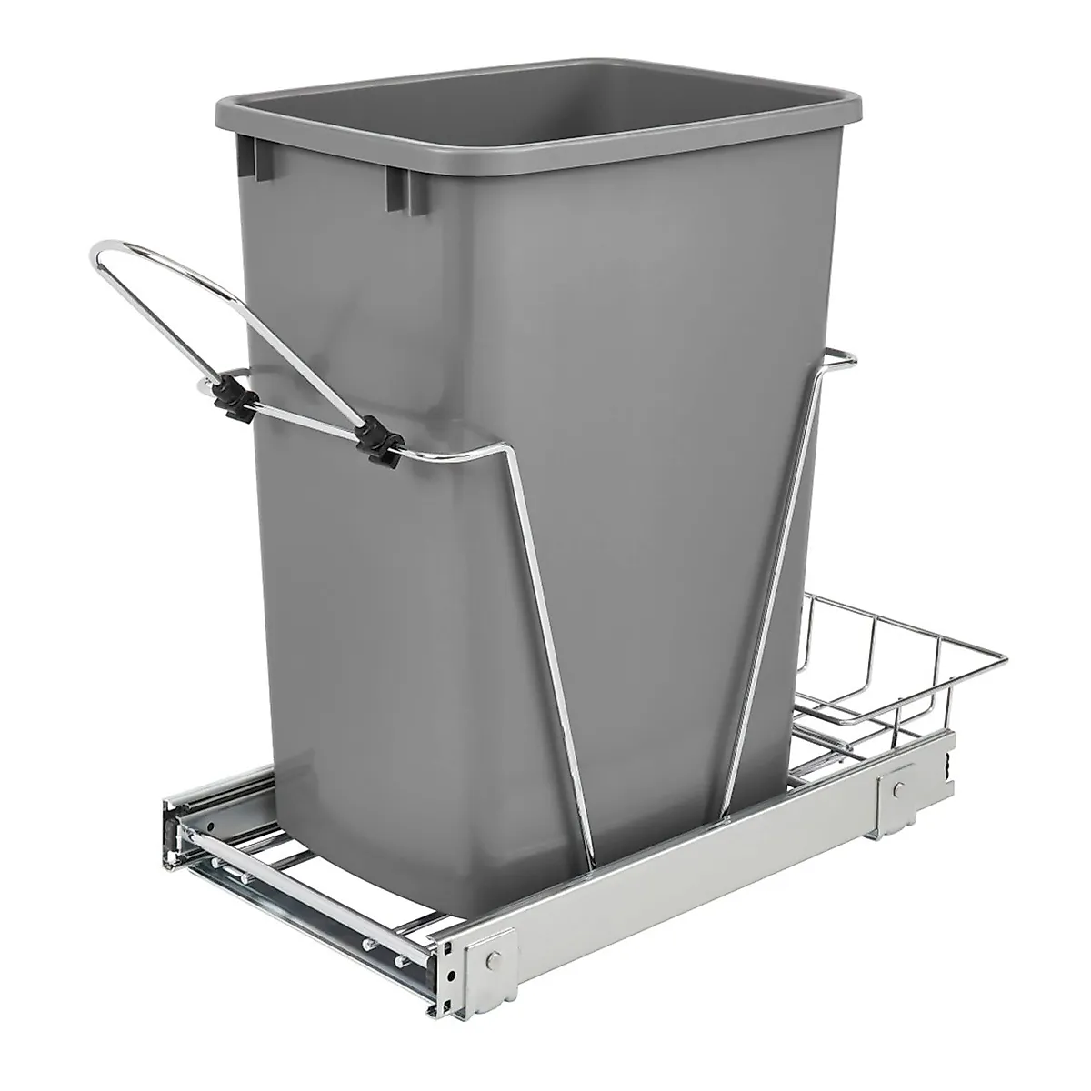 Rev-A-Shelf RV-12KD-17C Single 35 Quart Kitchen Cabinet Pull-Out Trash Can Waste Bin Container with Rear Storage and Chrome-Plated Wire Bottom Mount