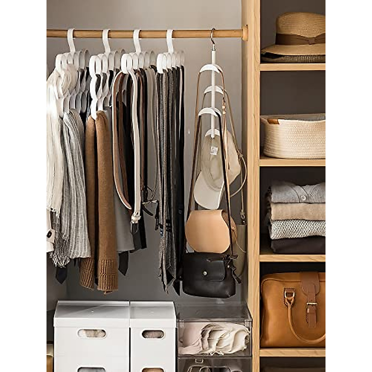 Purse Hanger for Closet - Rotating Handbag Hanging Hook Bag Storage Space Saver with 4 Hooks, Hanging Organizer for Scarf Handbag Belt, 2 PCS