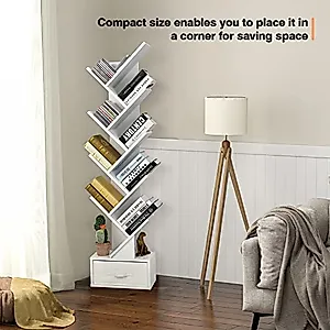 Tangkula 10 Tier Tree Bookshelf with Drawer, Floor Standing Storage Rack for CDs, Movies & Books, Display Utility Shelves for Bedroom, Living Room & Home Office (White, 10 Tier)