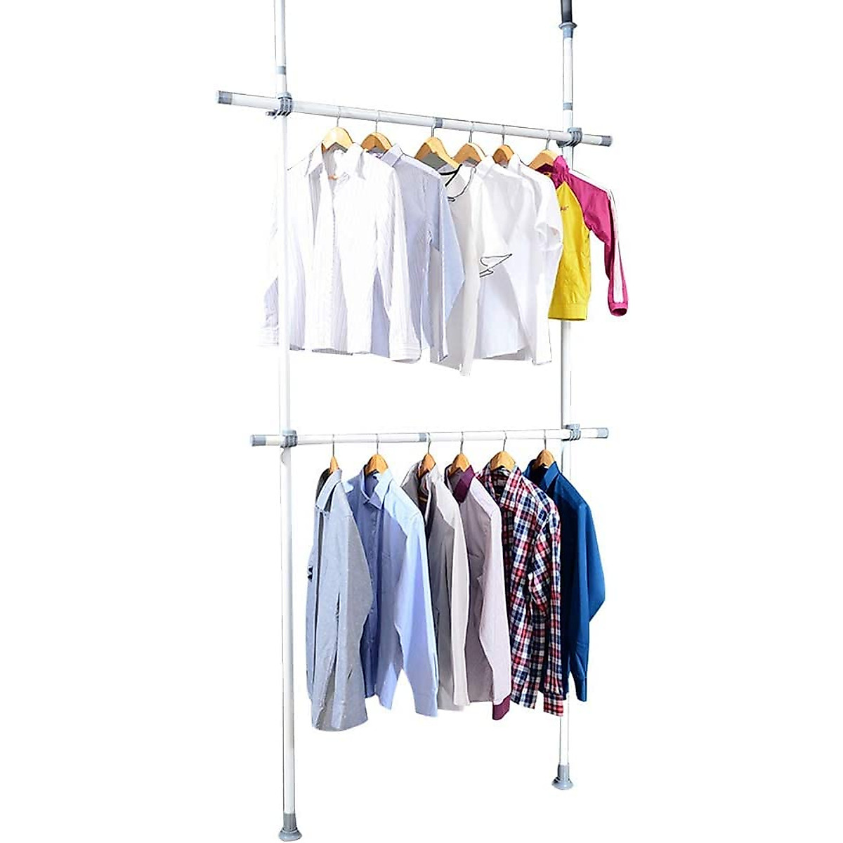 Adjustable Clothes Garment Rack for Hanging Clothes with 2 Layers of Retractable Heavy Closet Hanger Rods, Rolling Garment Rack with Shelves Carbon Steel Material 30"W x 97"L to 53"W x 119" L