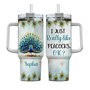 Hyturtle Personalized Peacock Tumbler - Just A Girl Who Loves Peacock Tumbler - Animal Gifts For Women Lovers - Animal Present Decor On Birthday - Custom Travel Coffee Cup 40oz With Lid And Straw