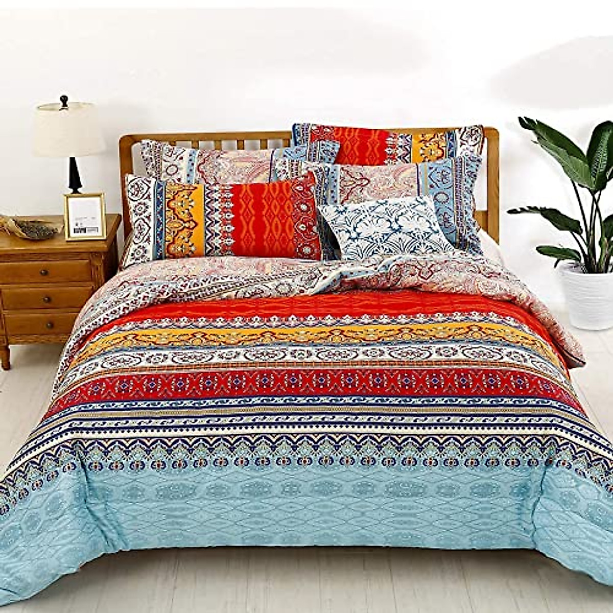 Bohemain Comforter Set Queen, Reversible Boho Down Alternative Comforter Set for All Seasons, 3 Pieces (1 Solid Comforter + 2 Pillow Shams), Soft Microfiber Bedding 90'' x 90"