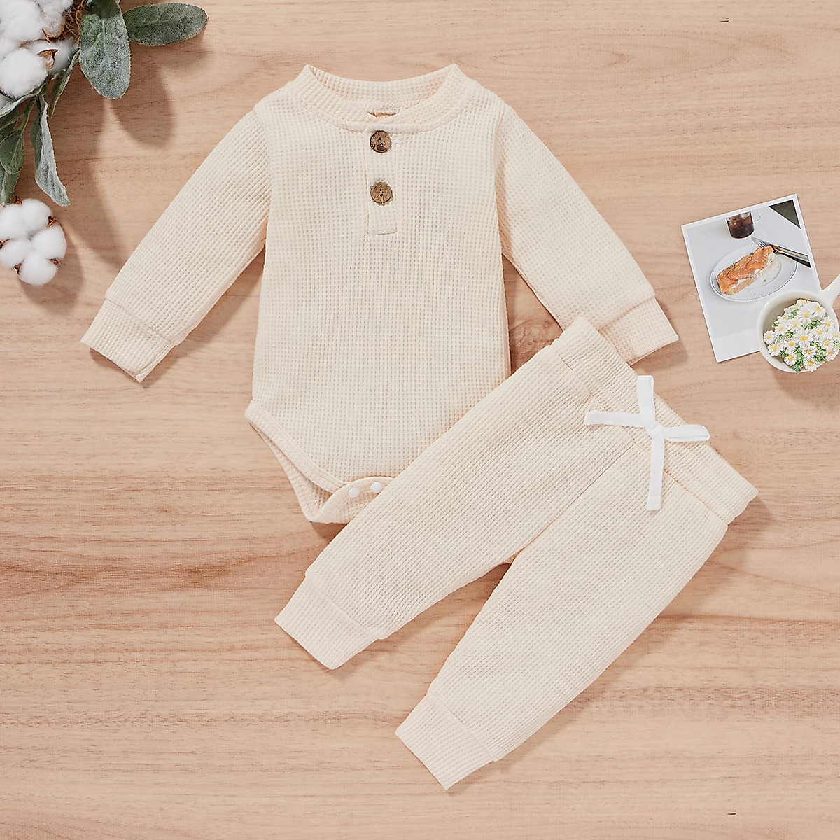 Thorn Tree Newborn Baby Boy Girl Long Sleeve Clothes Set Unisex Baby Knitted Outfits Infant Solid Snap Bodysuit Ribbed Pants (Beige,0-3 Months)
