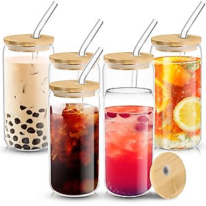 Dyserbuy Glass Cups with Bamboo Lids and Glass Straw 6pcs Set, 16oz Drinking Glasses, Beer Iced Coffee Glasses, Tumbler Cup, Ideal for Smoothie, Boba Tea, Whiskey, Water