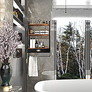 Jautokerdar Wall Mounted Bathroom Shelves with Drawer, 3 Tier Hanging Storage Rack with Foldable Towel Bar, Towel Holder Floating Organizer Shelves with Hook