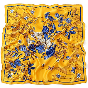 STARWHISPER 100% Pure Mulberry Silk Square Scarf-27''x27 Lightweight Neckerchief Hair Scarves Headscarf Night Sleeping with Gift Packed (Yellow Blue morning glory)
