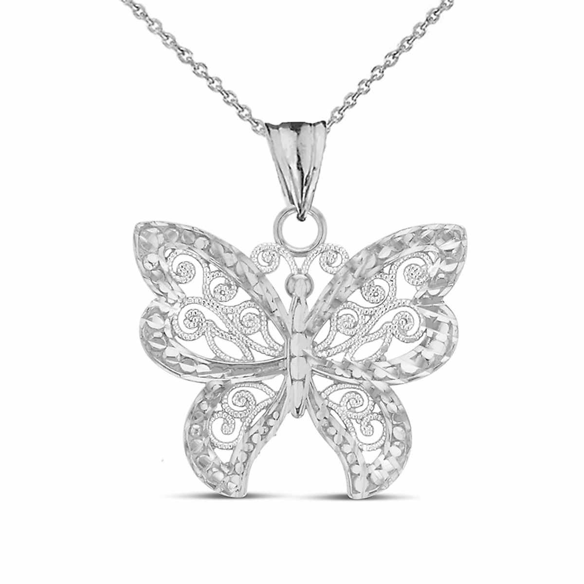 Elegant Sterling Silver Filigree & Sparkle-Cut Butterfly Charm Pendant Necklace, 18"