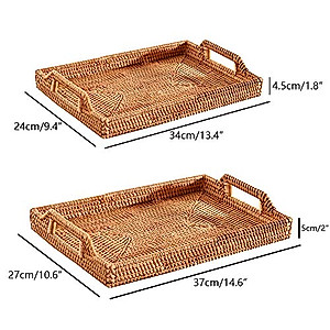 14 Inch Large Rattan Rectangle Serving Tray with Handles, 2 Inch Deep Handmade Wicker Basket, Woven Decorative Basket Jute Tray for Table, Ottoman, Vanity, Kitchen Counter, Honey Brown, S, I-lan