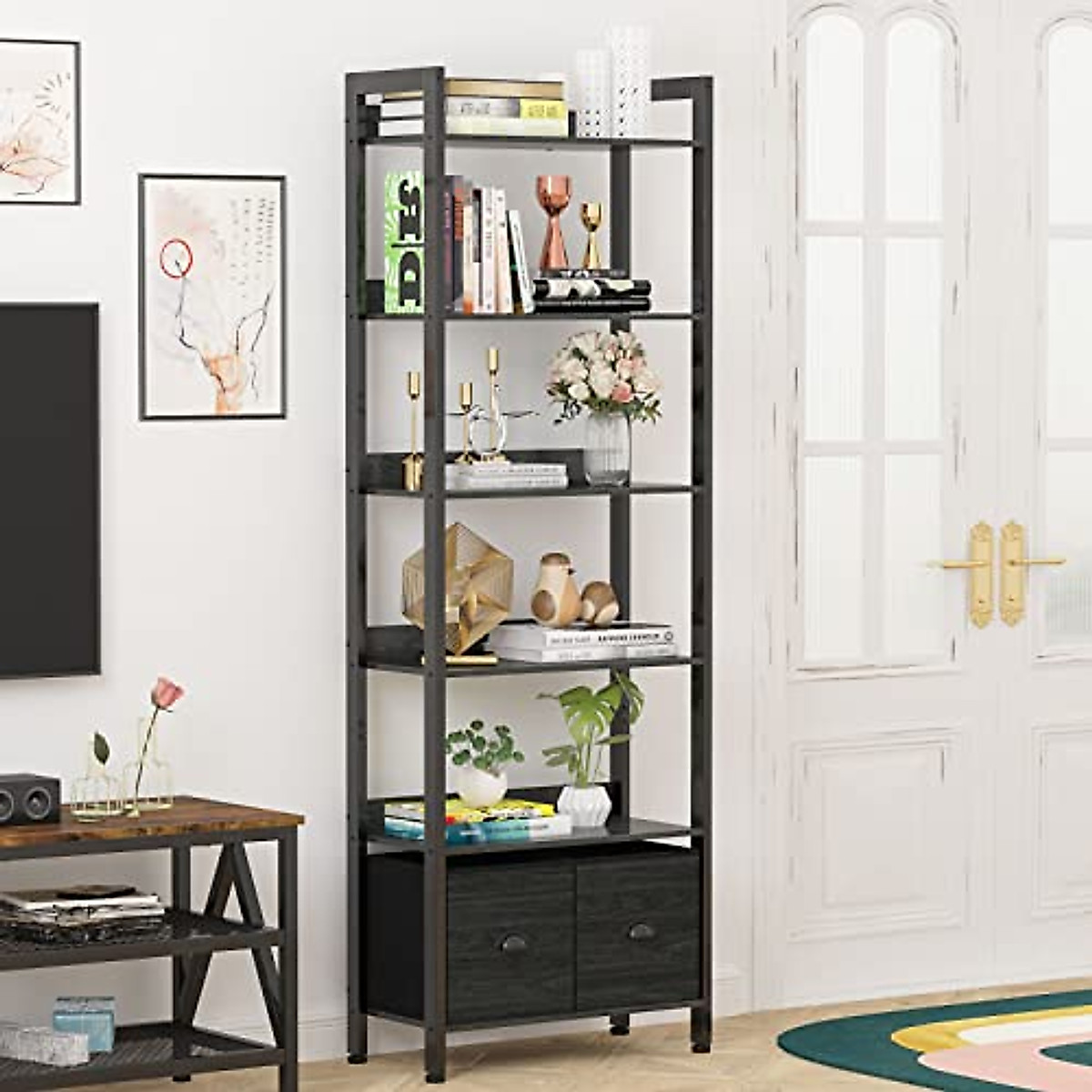 Furologee 6-Tier Bookshelf, Tall Bookcase with 2 Drawers Storage Organizer, Industrial Display Free Standing Shelf Units, Wood and Metal Storage Rack for Home Office, Bedroom, Black Oak