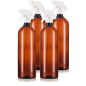 Amber 32 oz Large Boston Round PET Plastic Bottles (BPA Free) with White Heavy Duty Industrial Trigger Sprayer (4 pack)