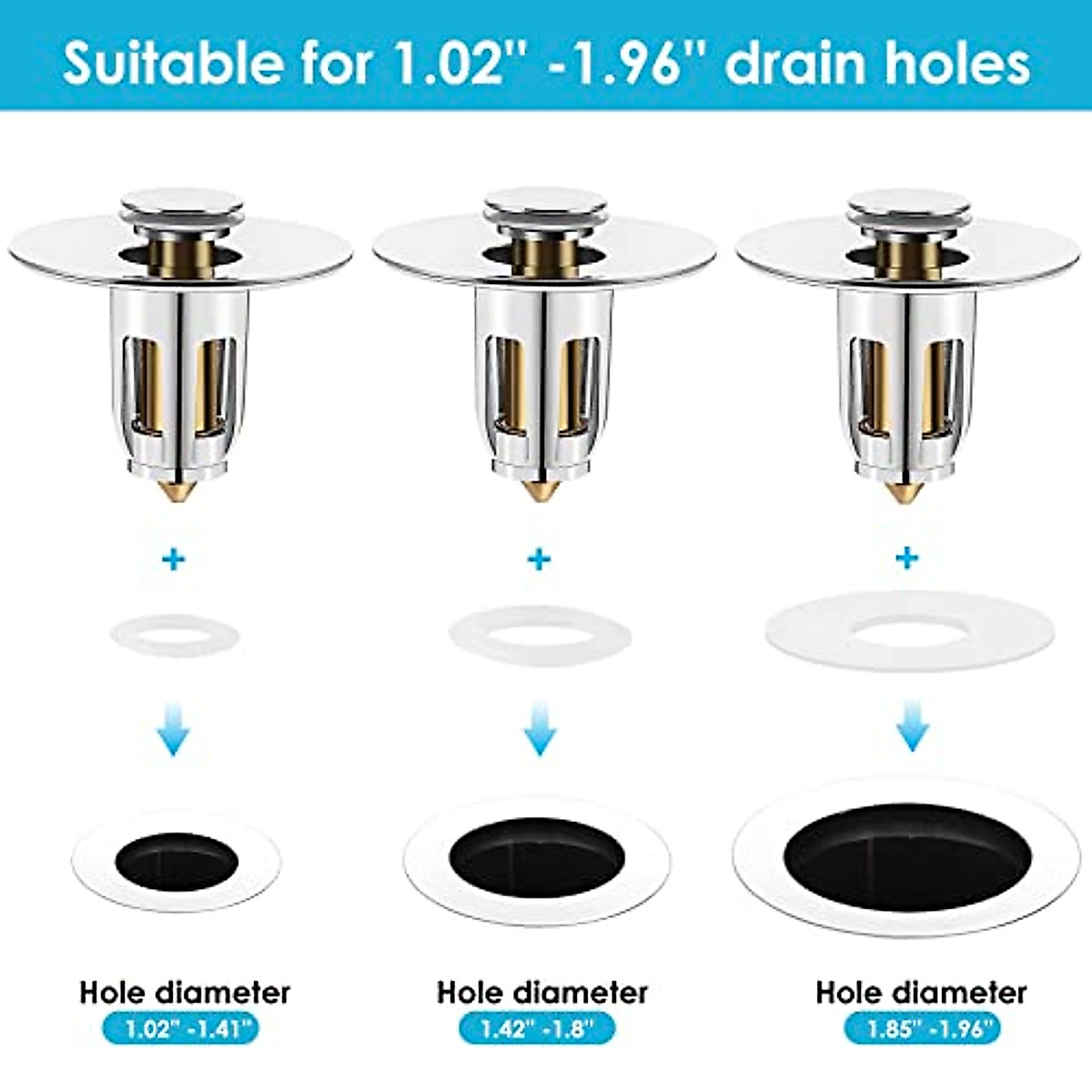 Drifop Universal Bathroom Sink Stopper, Pop-up Sink Drain Stopper, Sink Plug, Sink Strainer and Hair Catcher for 1.02-1.96” Bathroom Sink Drain Upgraded (Silver, 1 PCS)