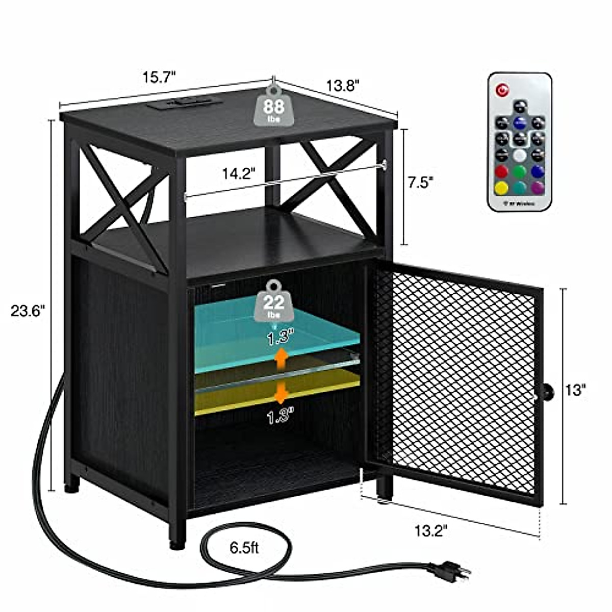 Rolanstar Nightstand with Charging Station, End Table with LED Lights & Power Outlets, Side Table with Storage Shelf, Sofa Table with Glass Shelf Mesh Door for Bedroom, Black