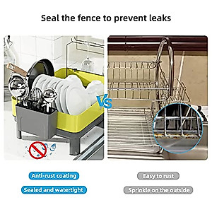 MTCIZI Dish Drying Rack, Large Dish Rack Set for Kitchen Counter, Stainless Steel Over Sink Dish Drainer with Wine Glass Holder Utensil Holder, Durable Large Capacity Organizer Grey/Green