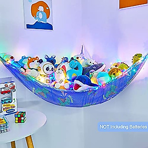FIOBEE Stuffed Animals Hammock Toy Storage Organizer With LED Light Stuffed Animals Storage Net Dinosaur Boys Room Decor Wall Storage for Kids Bedroom with Remote Control
