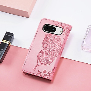 COTDINFOR Wallet Case for Google Pixel 8 Case Crystal Glitter Bling with Card Holder Stand Leather Flip Wallet Phone Case Diamond Butterfly Protective Case for Google Pixel 8 Crystal Pink