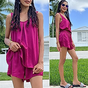 Ekouaer Satin Pajama Set for Women Comfy Silk Sleeveless Sleepwear Tank Pjs Top with Shorts Summer Two Piece Nightwear (Rose Red,M)