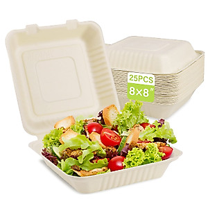 greensight Compostable Take Out Food Container 8X8, 25 Pack Disposable Clamshell Food Containers, Heavy Duty To Go Boxes, Eco-Friendly Biodegradable Made From Sugarcane Fibers