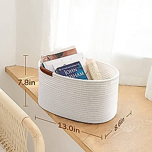 CHICVITA Woven Storage Basket for Shelves, Cotton Rope Dog Toy Bin, Empty Gift Basket with Handles, Small Laundry Baskets for Cloth Towel Shoes, White Oval Basket 3 Packs