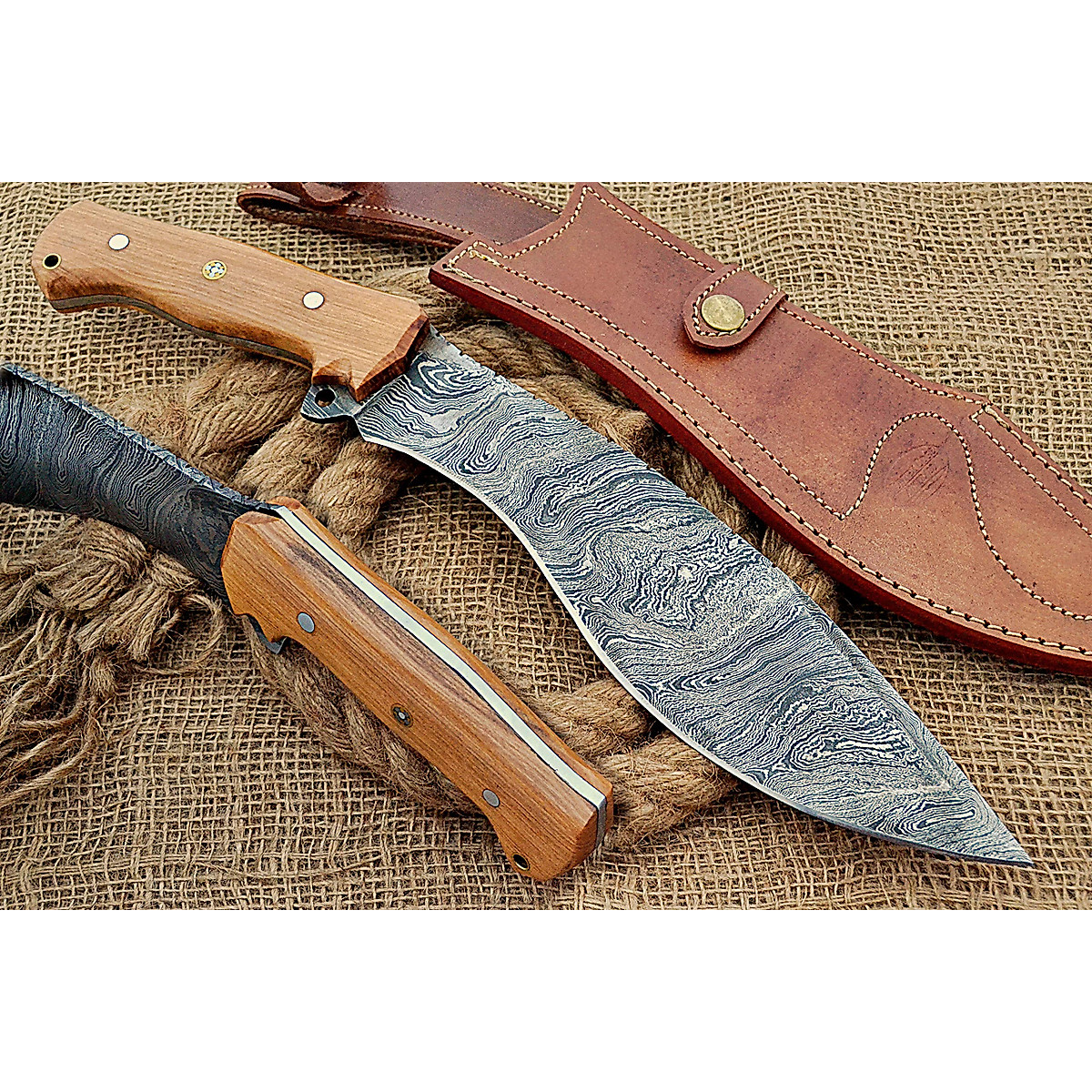 HUNTEX Handmade Hand-Forged Twist Pattern Damascus Steel 15 Inch Long Full Tang Natural Oak Wood Handle Razor Sharp Hunting Camping Kukri Knife w/Genuine Leather Sheath