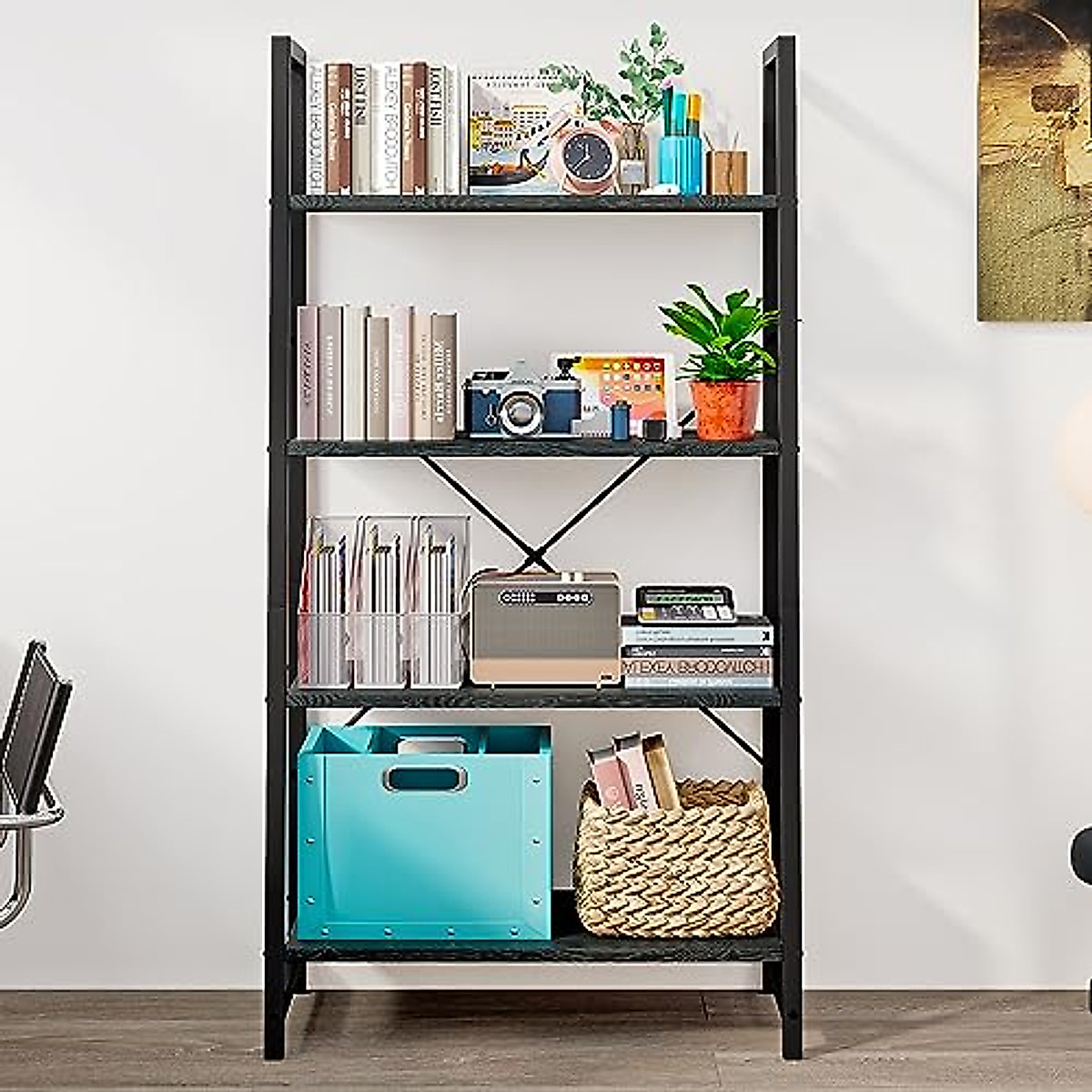 SORCEDAS Book Shelf 4-Tier Bookcase Tall Bookshelf Industrial Ladder Shelf Storage Organizer for Bedroom,Living Room (Black)