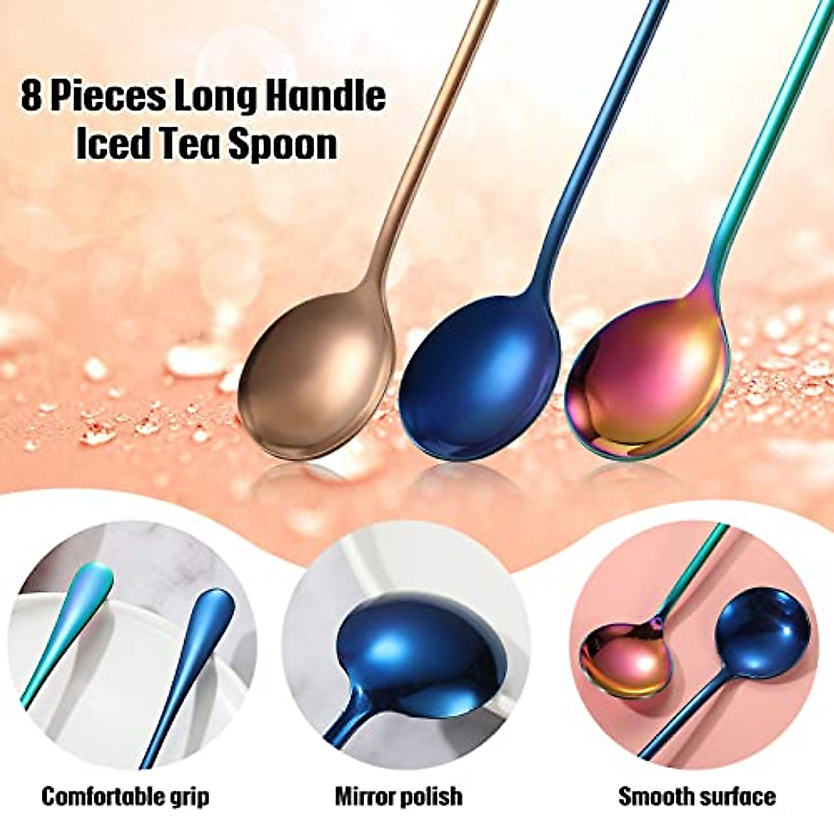 8 Pieces Long Handle Tea Spoon Stainless Steel Coffee Mixing Spoons Teaspoon for Mixing, Cocktail Stirring, Coffee, Milkshake, Cold Drink, 7.48 Inch (Round Style)