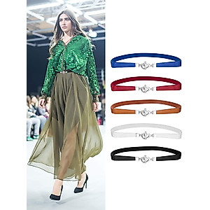 JOVITEC 5 Pieces Women Skinny Elastic Waist Belt for Dress Retro Stretch Cinch Adjustable Thin Belt Metal Buckle