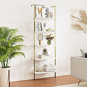 Wolawu 5 Tiers Ladder 2-Piece Shelf White Marble Modern Bookshelf Open Tall Wall Mount Bookcase Standing Leaning Wall Shelves Industrial Decorative