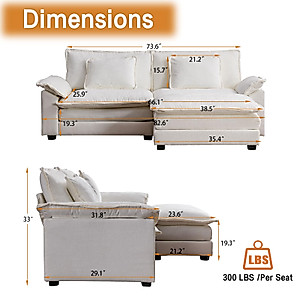 Houjud 73.6" Convertible Sectional Sofa Couch, L Shaped Modern Chenille Loveseat Sleeper Sofa with Ottoman & Pillows, 2-Seat Comfy Cloud Sofa Couch for Living Room, Small Spaces (Beige)