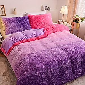 Holawakaka Pink Purple Ombre Stars Shaggy Fuzzy Duvet Cover Set Queen Size Faux Fur Bedding Sets (Pink Purple, Queen)