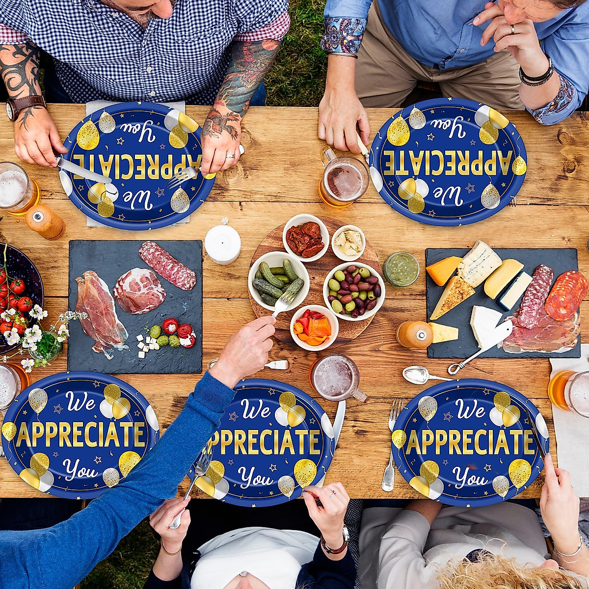 50 Pcs We Appreciate You Party Plates Thank You Plates CNA Appreciation Week Supplies Large 11 Inch Employee Appreciation Party Oval Paper Plate Platter for Teacher Doctor Nurse Staff, Blue Gold