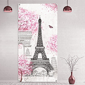 Tatuo Paris Eiffel Tower Backdrop Pink Eiffel Tower Background Banner 70.9 x 35.4 Inch Paris Pink Tree Wall Hanging Decor for Girls Bedroom Living Room Photograph Party Decoration