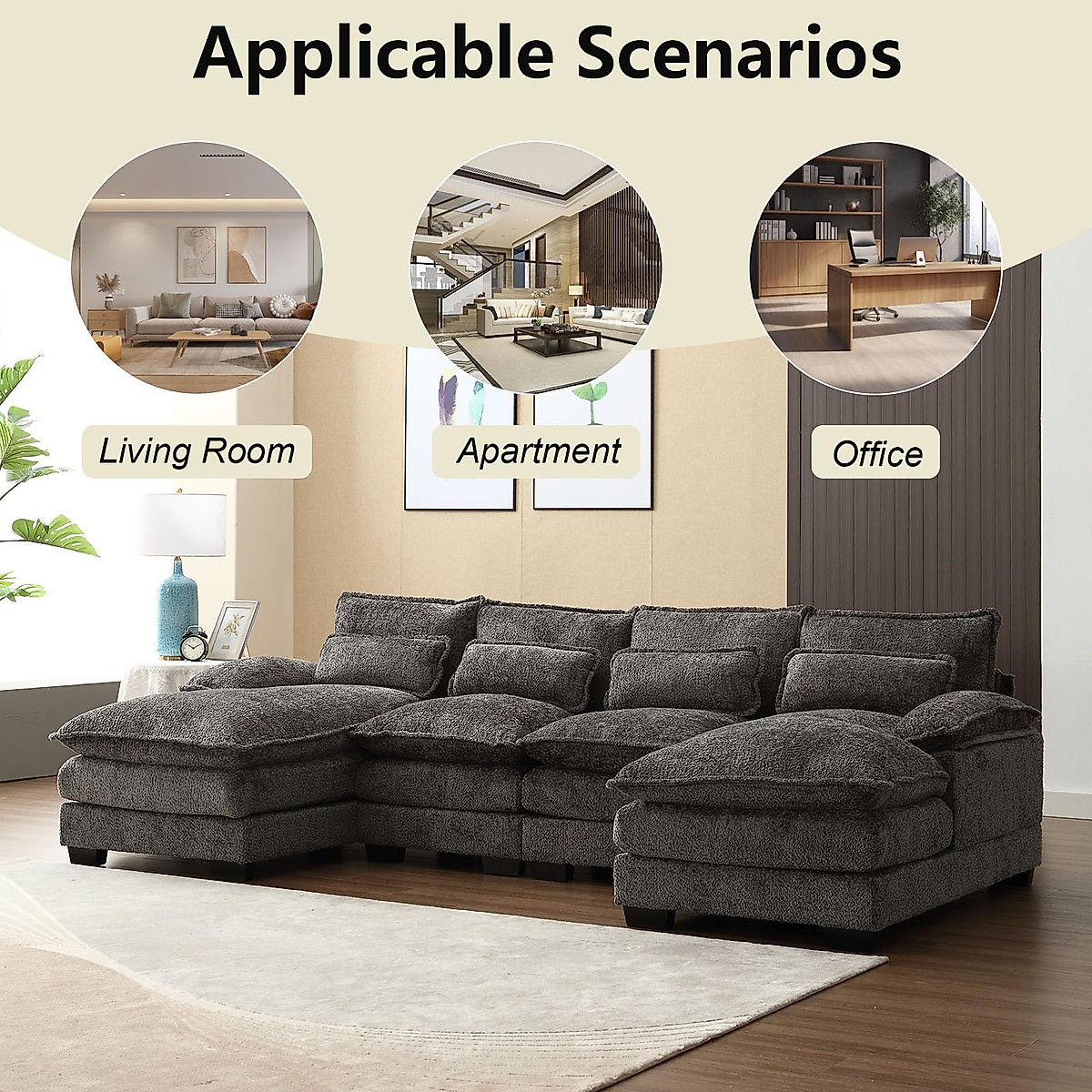 HZANHY Convertible Sectional Sofa Chenille U Shaped Couch with Reversible Chaise Modular Sectional Couch 4 Seater Sofa with Storage Seat