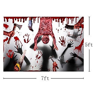 MEHOFOND 7x5ft Halloween Bloody Backdrop Halloween Horrible Party Photography Background Bloody Hand Bloody Body Axes Hammers Saws Knives for Halloween Scary Party Decorations Photo Booth Props