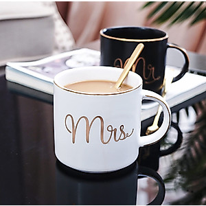 Cheardia 12 oz Mr and Mrs Mugs, Ceramic Coffee Mug Set Engagement Gifts for Couples, His and Hers Mugs for Bride and Groom, Anniversary, Valentines, Bridal Shower, Wedding, Black & White