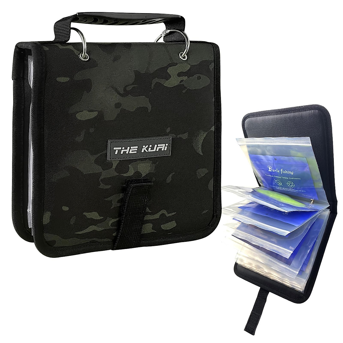 Thekuai Fishing Tackle Binder, Lure Storage Bag, Soft Bait Binder, Fishing Organized Storage Rig Bag for Baits, Rigs, Jigs and Lines, Suitable for Fresh Water and Saltwater (Camo Black/9.5" * 8.3")