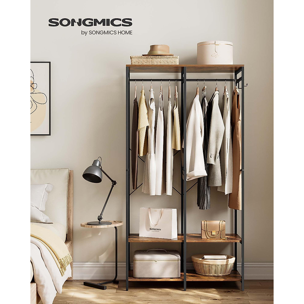 SONGMICS Clothes Rack, Iron and Wood Wardrobe Closet Organizer, Heavy Duty Garment Rack with Hanging Rods, Closet Shelves, Removable Hooks, 15.7 x 37.2 x 70.9 Inches, Rustic Brown URGR004B01