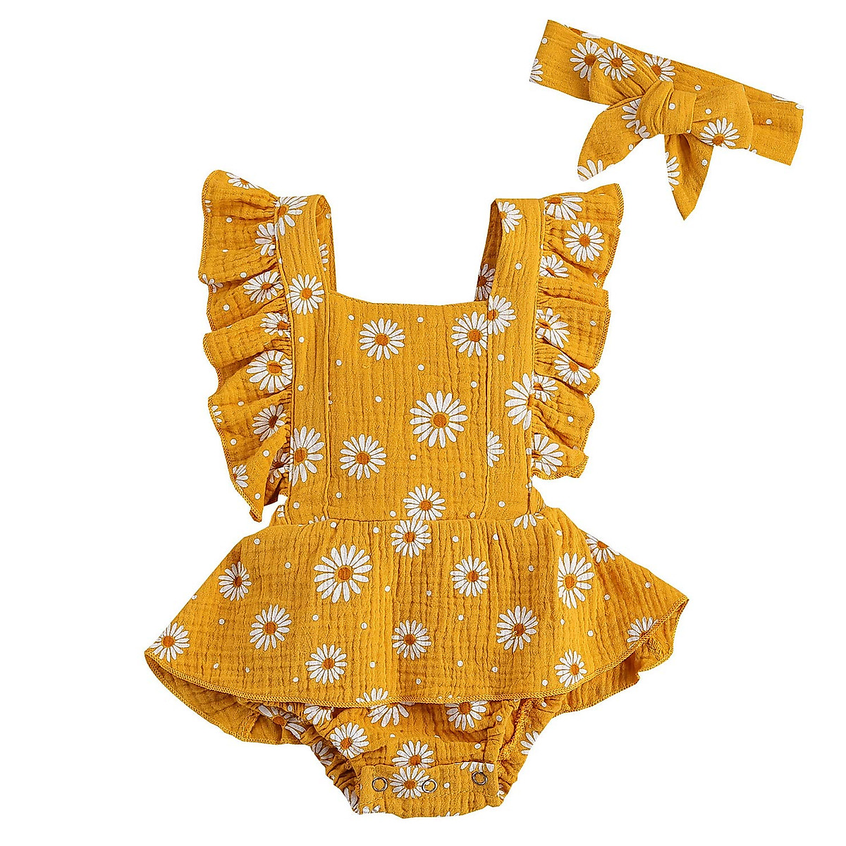 Yoawdats Infant Girls Clothes Baby Bodysuits Cotton Linen Rompers for Girls 2PCS Summer Outfits with Headband (Yellow, 0-6 Months)