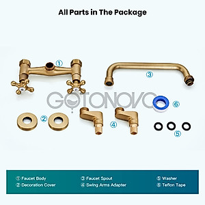 gotonovo Wall Mount Faucet 6 Inch Center Antique Brass Kitchen Sink Taps 2 Cross Knobs Handle Victorian Commercial with 9inch spout