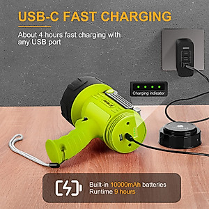 YIERBLUE Rechargeable Spotlight Flashlight with 1000,000 Lumen LED, IP67 Waterproof Long Running Spot Light searchlight, Impact Resistant Handheld Spotlight with Foldable Stand and Detachable Red Lens