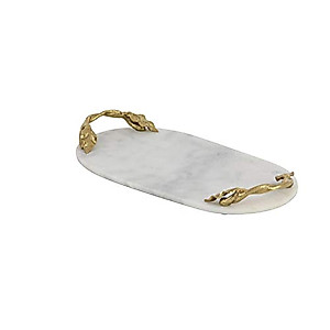 Deco 79 Marble Oval Tray with Gold Twisted Leaf Handles, 20" x 10" x 2", White