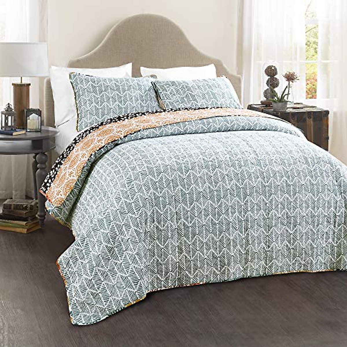 Lush Decor Bohemian Striped Quilt Reversible 3 Piece Colorful Boho Design Bedding Set, King, Turquoise