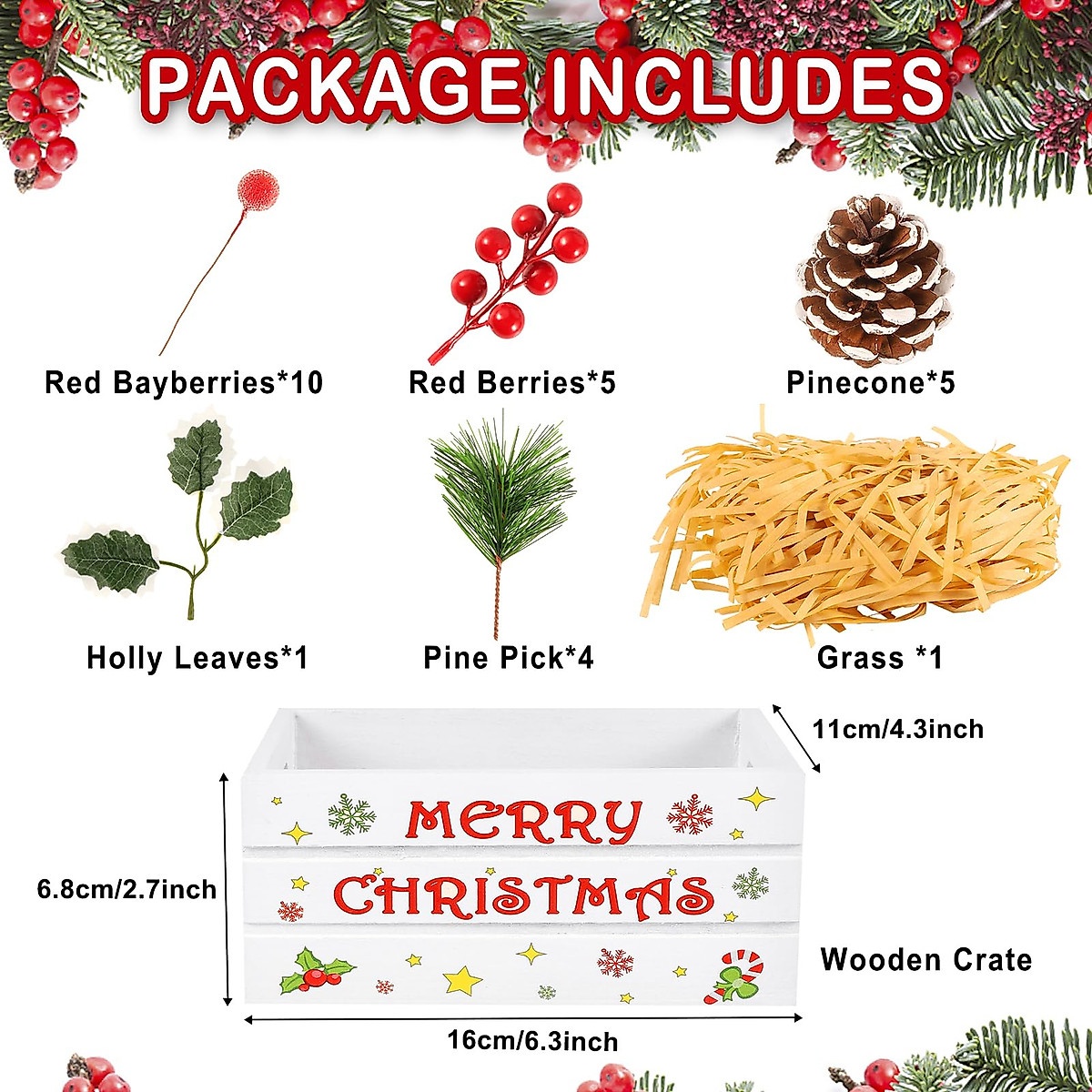 Christmas Table Centerpieces Mini Merry Christmas Wooden Crate, Christmas Tiered Tray Decorations Christmas Flower Arrangements with Pinecone Red Berries for Tiered Tray Shelf Table Kitchen Home Decor