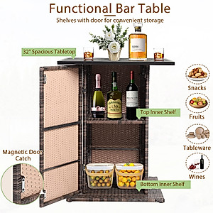 RELAX4LIFE 5-Piece Outdoor Bar Set, Wicker Rattan Bar Height Patio Set w/4 Cushion Bar Stools & Table with Hidden Storage, 5PCS Outdoor High Top Table and Chairs Set for Backyard Poolside (White)